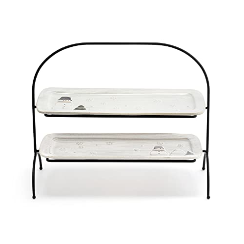 DEMDACO Snow Day Classic White and Black Stoneware and Iron 2-Tier Christmas Serving Tray