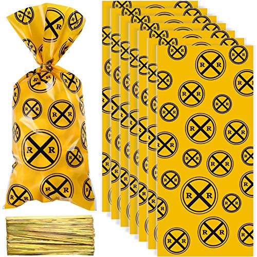 Blulu 100 Pieces Railroad Treat Bags Heat Sealable Treat Candy Bags Train Party Cellophane Treat Party Favor Bags with 100 Pieces Gold Twist Ties for Train or Railroad Themed Party