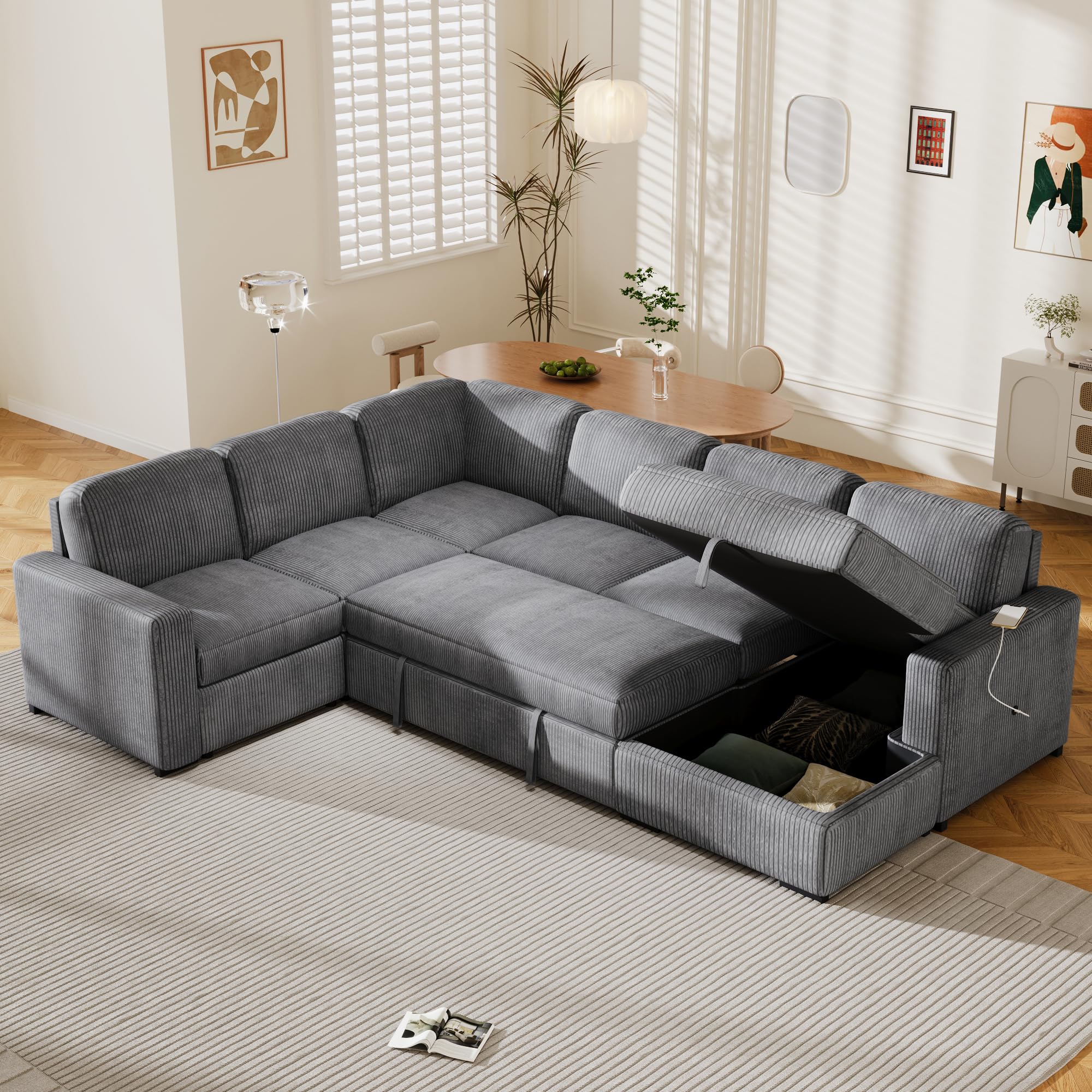 CALABASH U Shaped Sectional Sleeper Sofa, with Pull Out Bed, L-Shaped Corner Combo, with Ottoman, USB and Storage, Convertible Sectional Sofa Couch,Grey