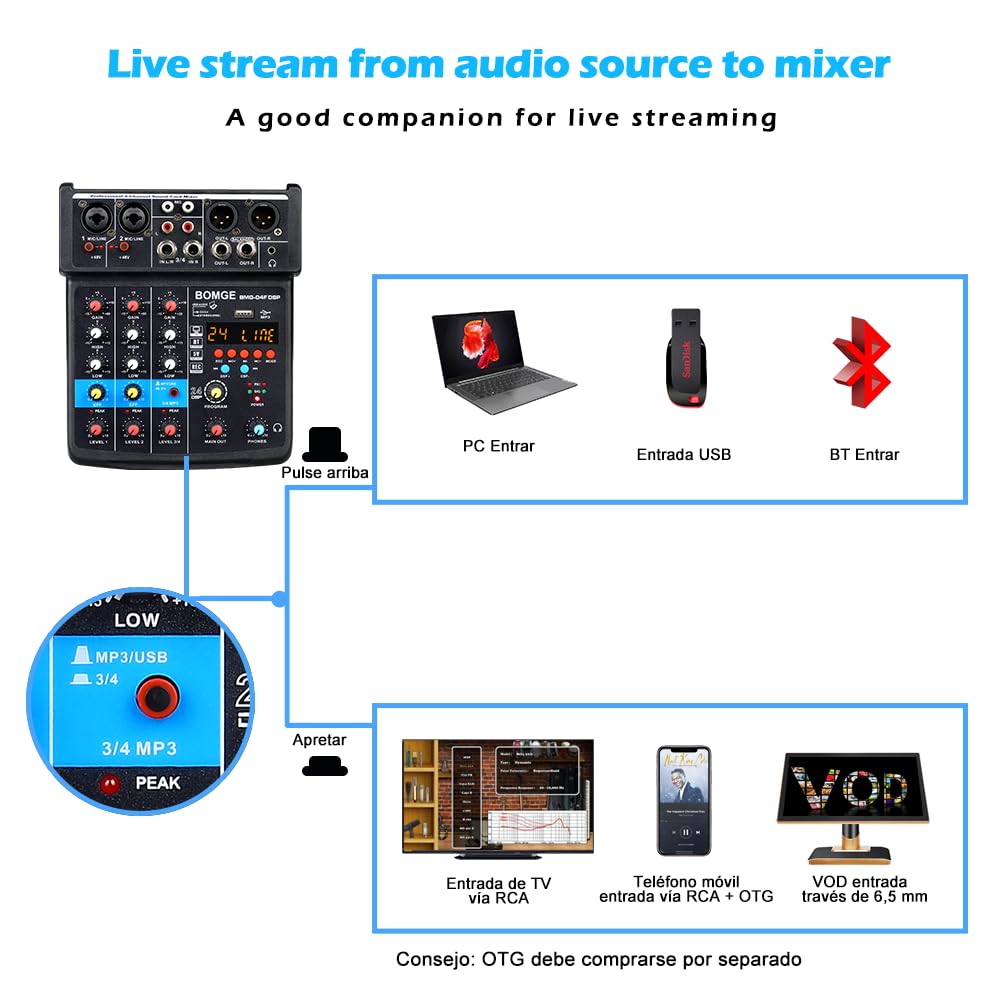 BOMGE 4 Channel mini DJ Audio Sound Mixer Interface with MP3、 USB, Bluetooth, Stereo Recording, 48V Phantom Power, 24 DSP for karaoke, performance, church singing 、 podcas streaming