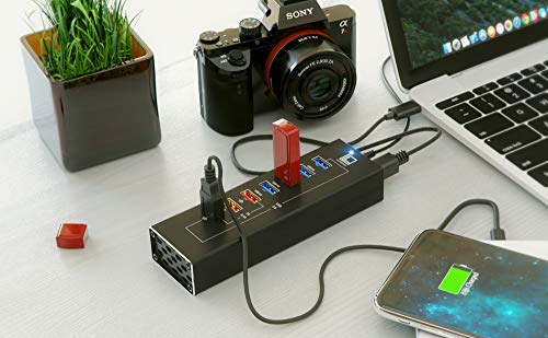 LATORICE Powered USB Hub - Multi-Port USB Hub with 7 USB 3.0 Ports, 3 Fast Charging USB 3 0 Ports, with Cords C and A, Power USB HUB Adapter