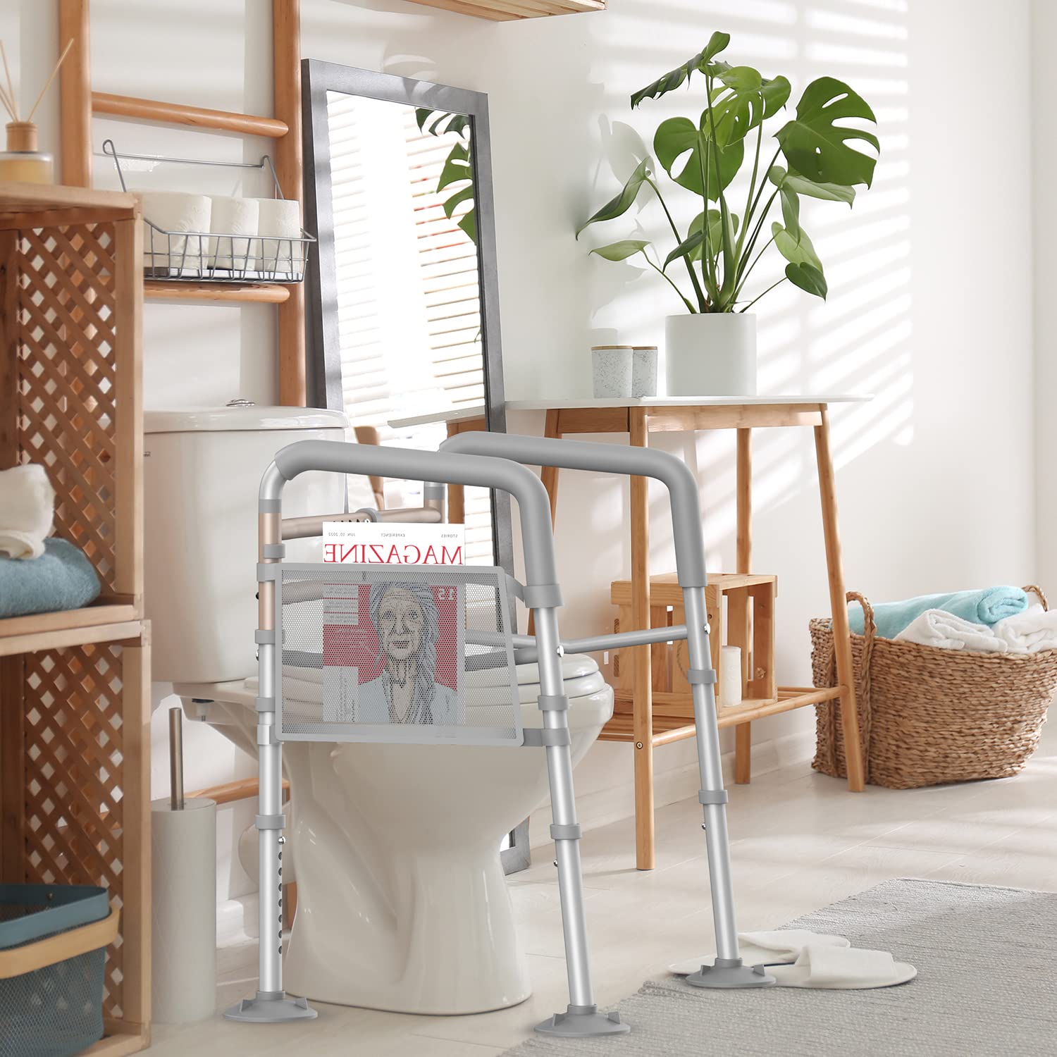 Agrish Stand Alone Toilet Safety Rail - Adjustable Width & Height Fit Any Toilet, Medical Toilet Frame for Elderly Handicap Disabled, Folding Handrails- Silver Grey