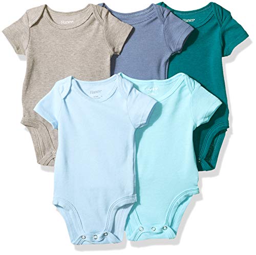 Hanes Baby Bodysuits, Ultimate Flexy Short Sleeve for Boys & Girls, 5-Pack, Blues, 6-12 Months