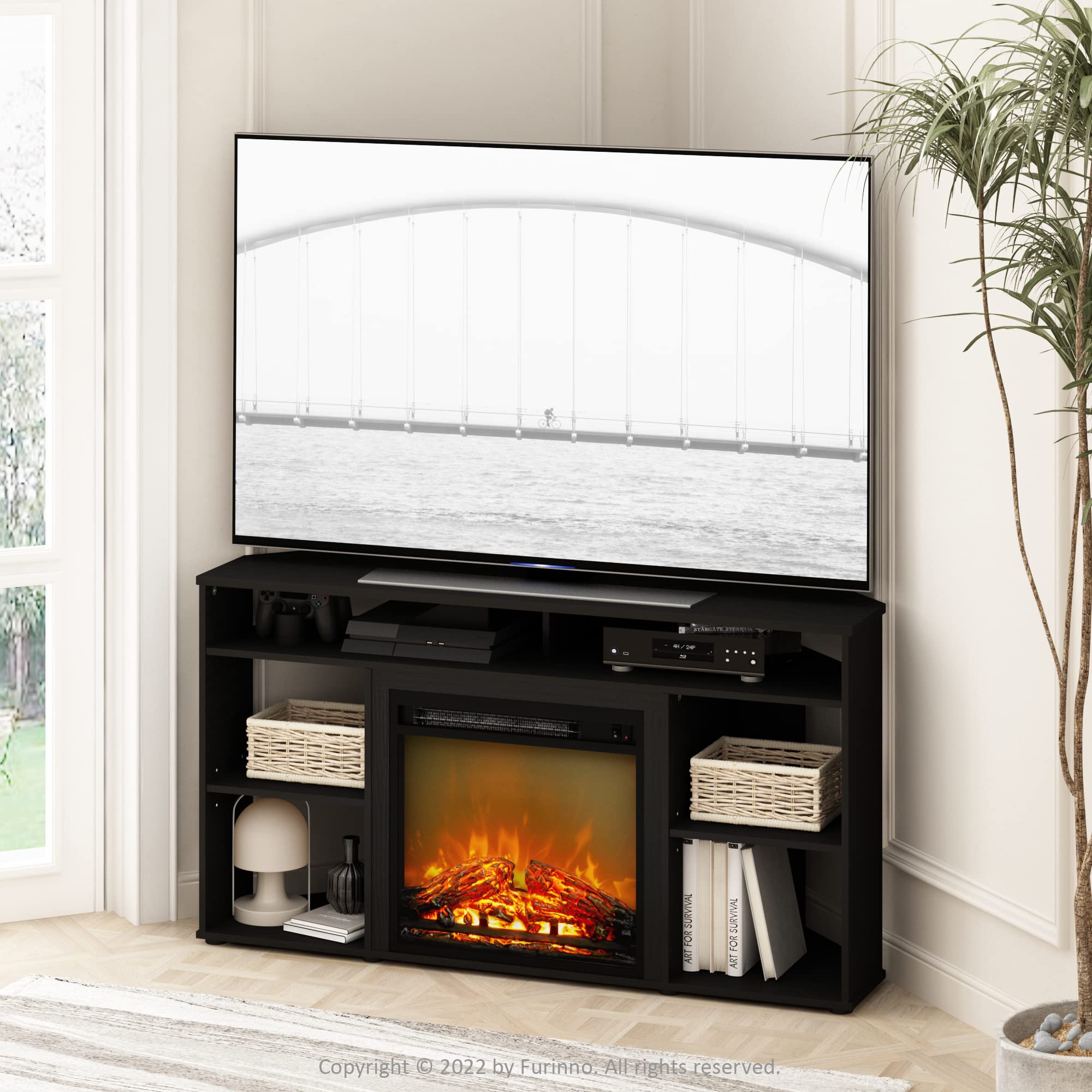 Furinno Jensen Corner TV Stand with Fireplace for TV up to 55 Inches, Americano