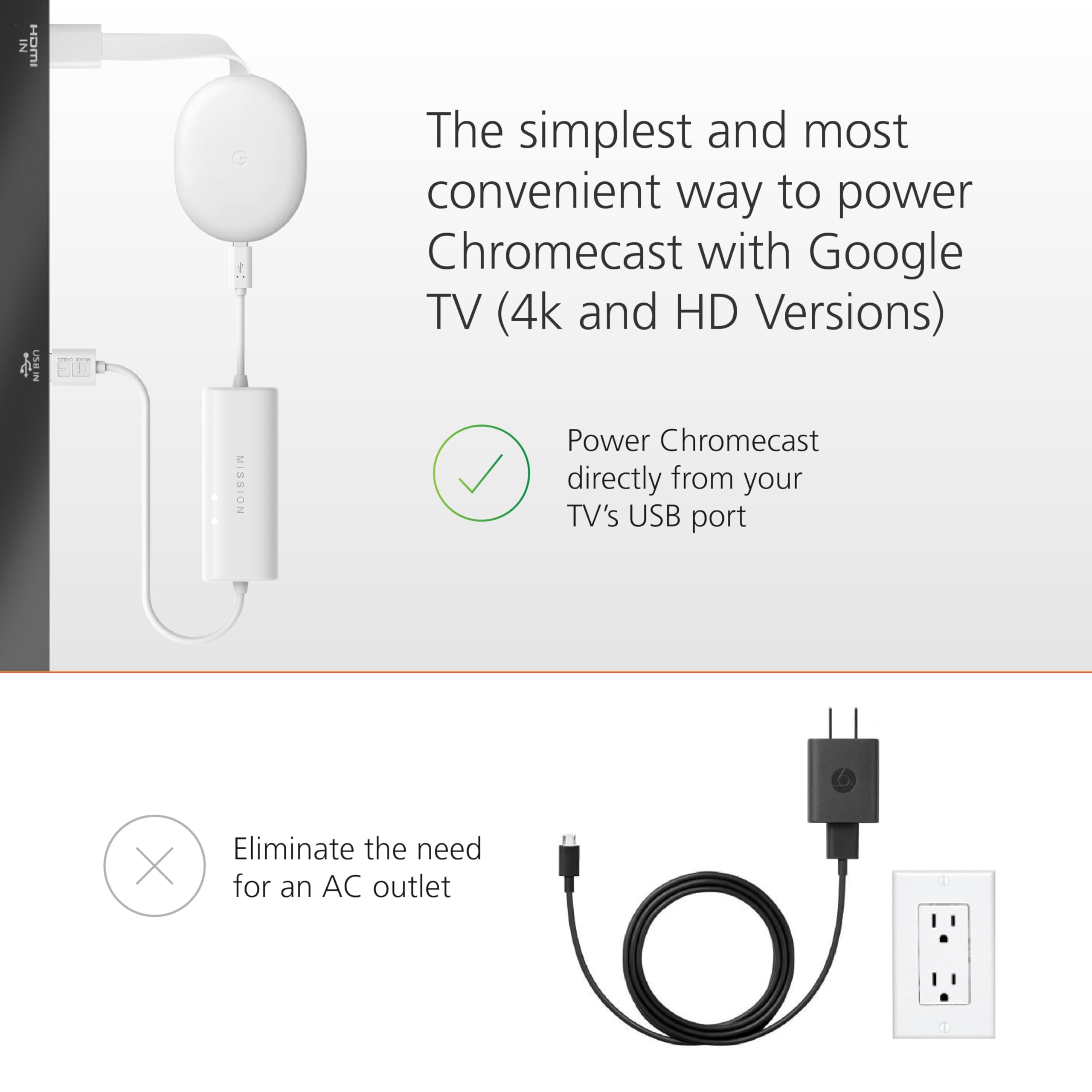 Mission USB Power Cable for Google TV (Power Google TV Directly from Your TV) Chromecast 4K Version