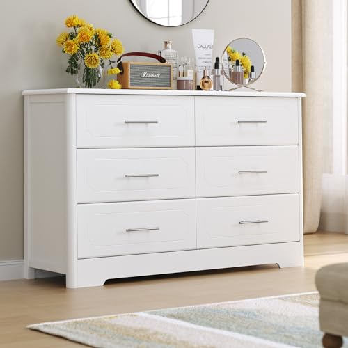 HOSATCK 6 Drawer Dresser, Modern White Double Dresser, Wide Chest of Drawers with Metal Handels, Accent Wood Storage Dresser Chest Organizers for Living Room, Hallway, Entryway (Trapezoid/White)