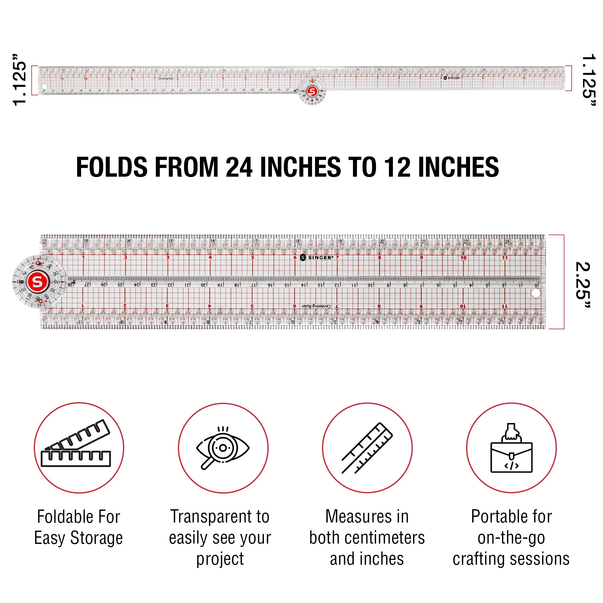SINGER Quilting Tool Kit with 24-Count Fabric Clips, 24-Inch Folding Ruler, and 45mm Rotary Cutter - Quilting Supplies for Patternmaking, Sewing, Fabric Work