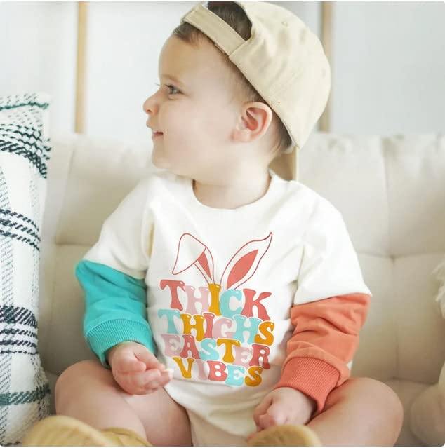 Balaflyie Easter Baby Boy Girl Clothes Bunny Ear Long Sleeve Sweatshirt Romper Bubble Oversized Onesie Outfit Cute Clothing (White-Thick Thighs Easter Vibes Romper, 18-24 Months )
