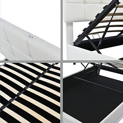 Bellemave Queen Lift Storage Bed with LED Lights and USB Charger, PU Upholstered Queen Platform Bed with Hydraulic Storage System for Kids Teens and Adults, No Box Spring Needed (Queen, White)
