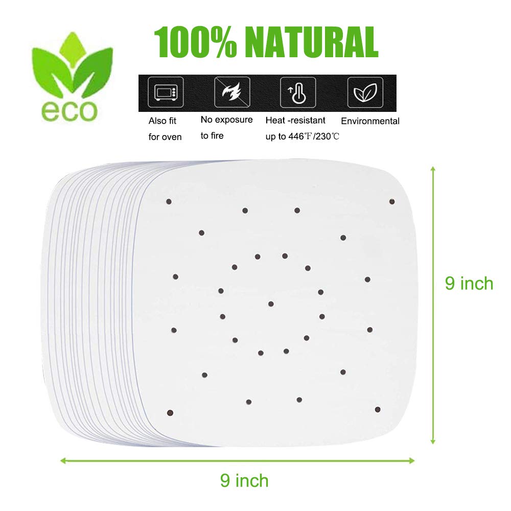 Air Fryer Parchment Paper, 200pcs 9 Inch Perforated Unbleached Square Air Fryer Liners,Steaming Parchment Liner, Parchment Paper for Air Fryer, No Burn, Easy CleanupâŠ
