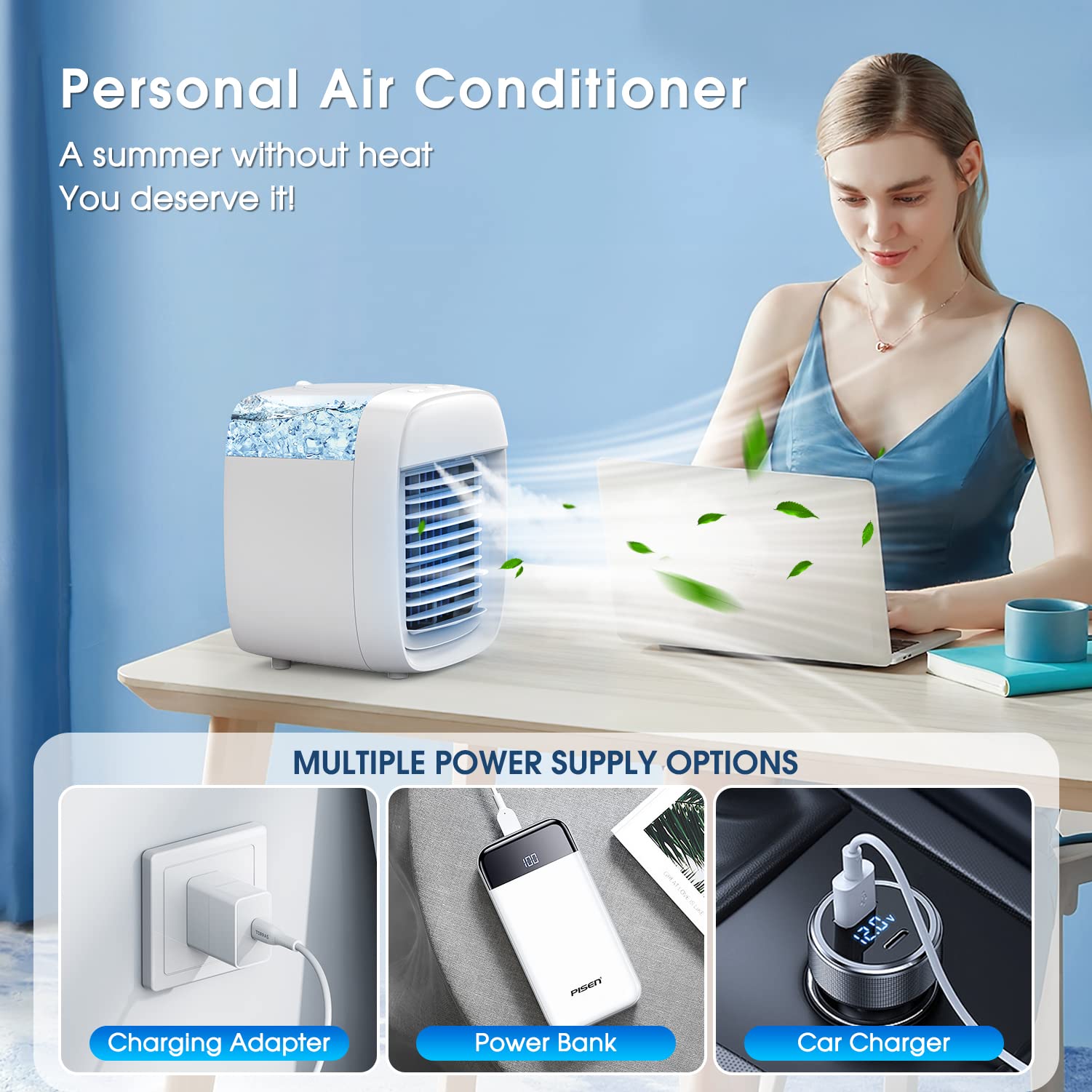 DOWILLDO Portable Air Conditioners, Mini Air Conditioner for Room with 880ML Water Tank, 3 Speeds Air Conditioner Fan with 7 Colors Night Light for Car, Kitchen, Home and Office