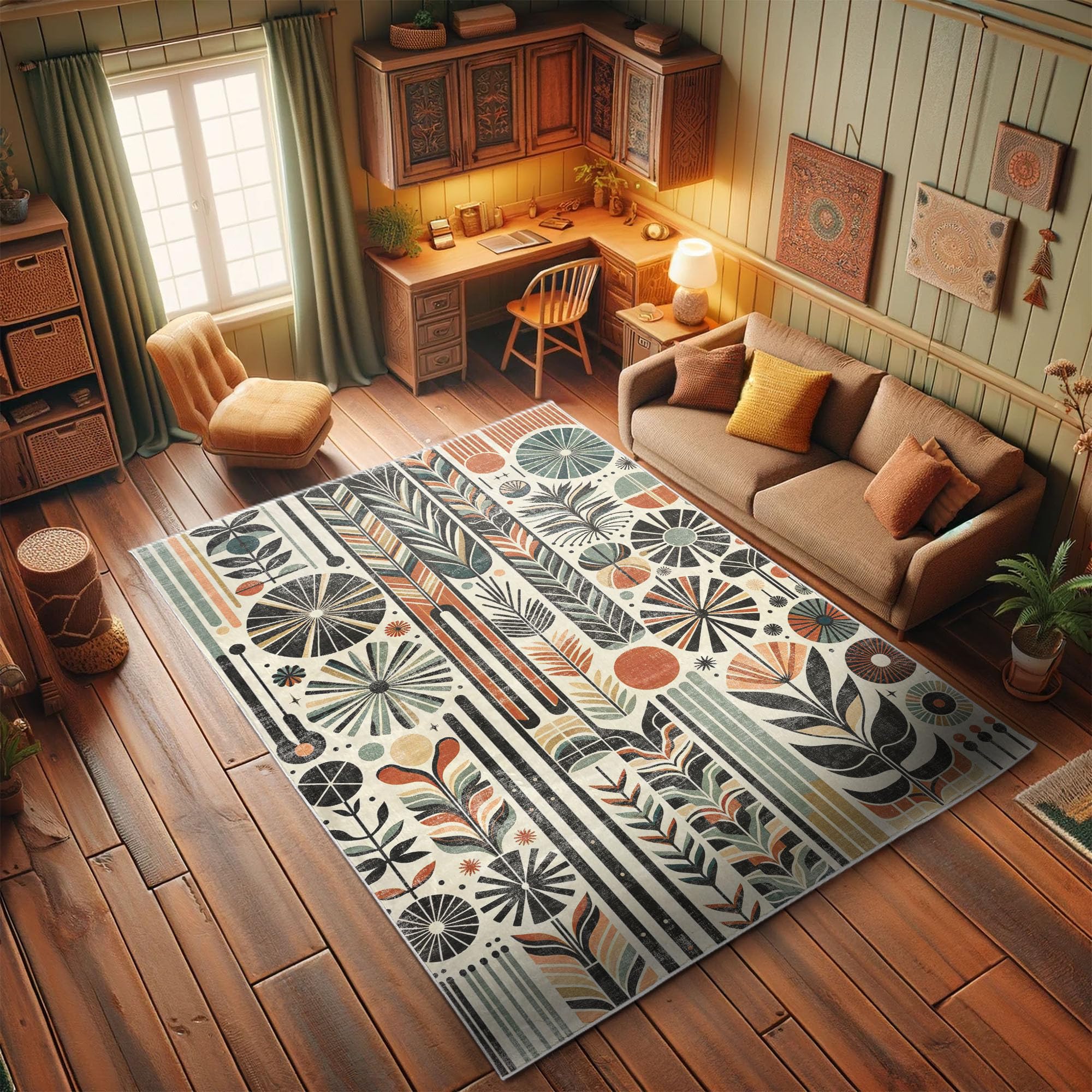 Ambesonne Bohemian Decorative Rug, Retro Mid Century Inspired Abstract Patterns on Ivory Background, Quality Carpet for Bedroom Dorm and Living Room, 4' X 5' 5", Dark Orange and Reseda Green