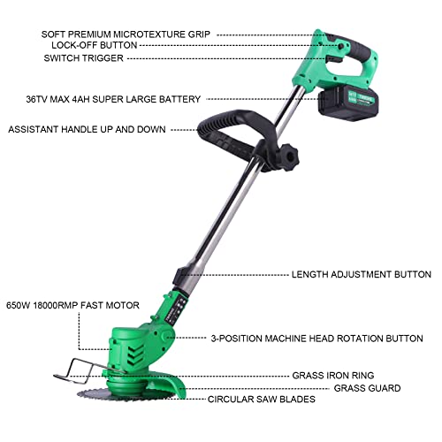 Cordless Brush Cutter Weed Eater with 9Blades,Electric Weed Wacker Battery Brush Cutter Battery Powered with 2Pcs 36TV4Ah Battery,Battery Stringless Weed Wacker for Lawn,Yard,Garden,Lightweight