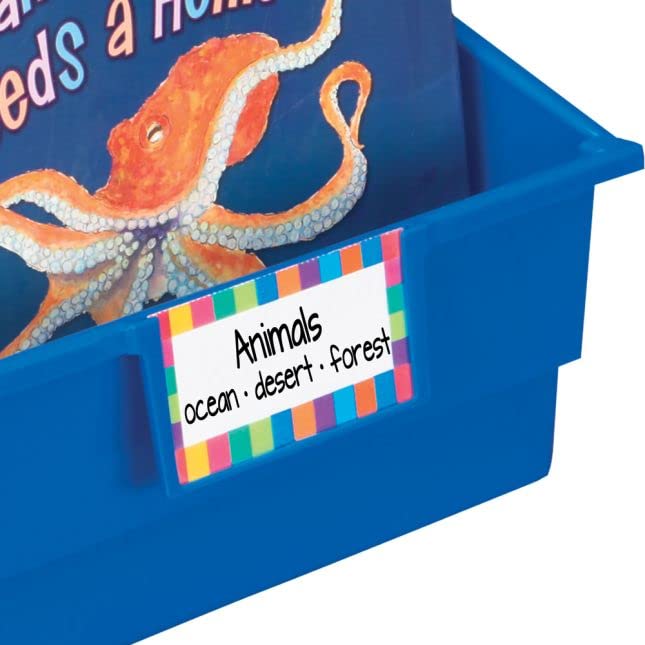 Really Good Stuff Large Plastic Book Organizer Bins, Dividers, Built-in Label Holder, 13.5β by 13.5β by 7.75β (Set of 4, Primary Colors) - For Picture Books, Large Reference Books in Classroom or Home