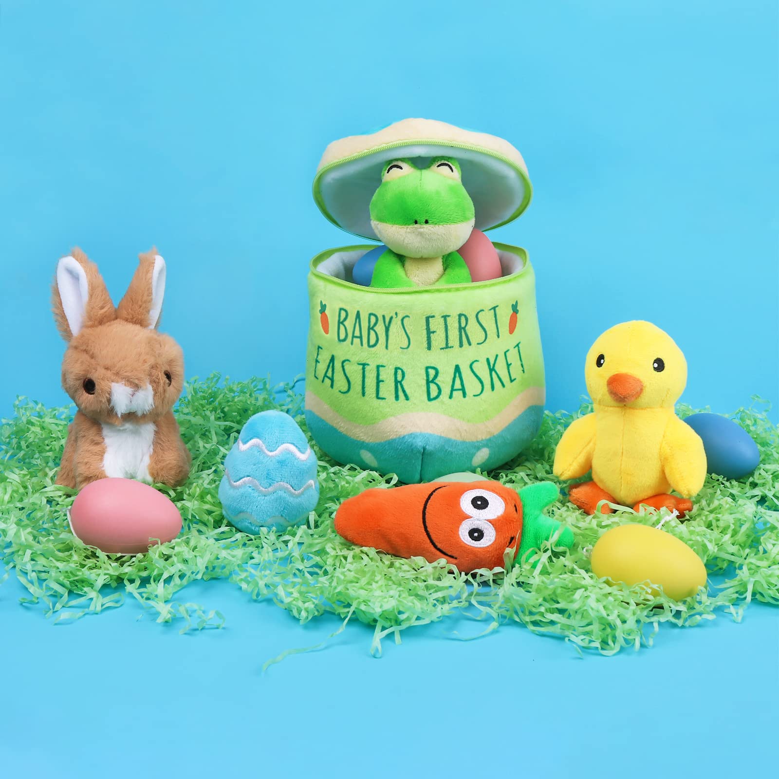 Bunny Chorus Easter Basket Playset, 6ct Stuffed Plush Bunny Chick Carrot Egg Frog for Baby Girls Boys, Easter Theme Party Favors Stuffers Gifts, Easter Decorations Party Supplies