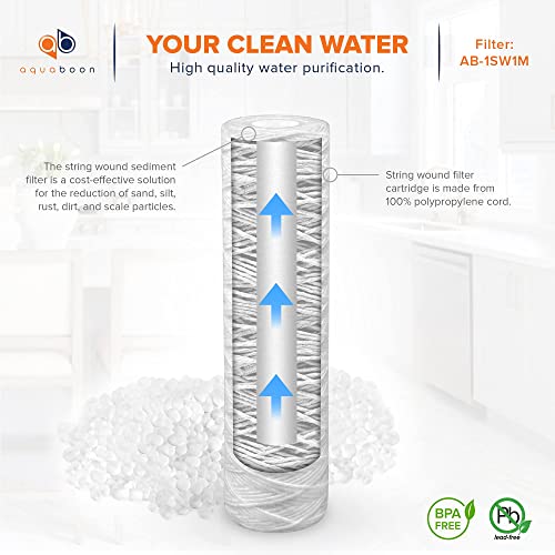 Aquaboon 1 Micron 10" x 2.5" String Wound Sediment Water Filter Cartridge | Universal Replacement for Any 10 inch RO Unit | Compatible with WFPFC4002, CW-F, PFC4002, 2-Pack