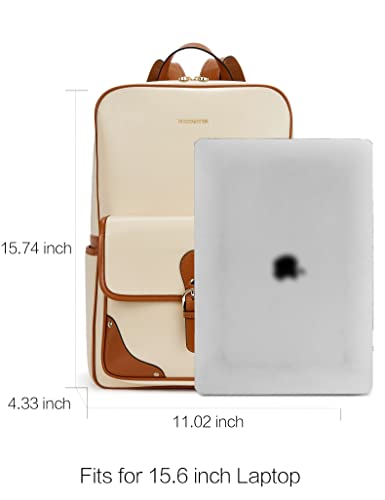 BOSTANTEN Leather Laptop Backpack for Women 15.6 inch Computer Bag Stylish College Daypack Travel Bag Off-white with Brown