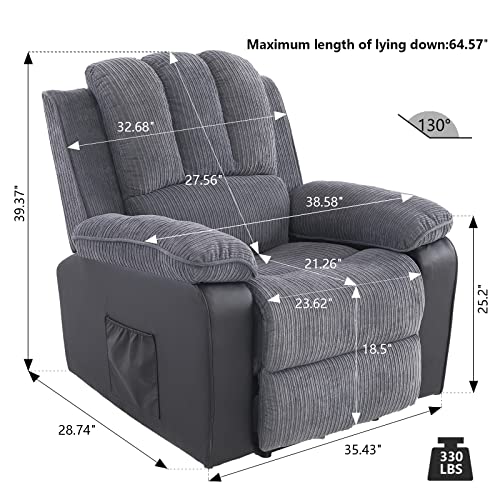 Corduroy + Black pu Ergonomic Electric Flat Sofa with 8-Point Massage and Heating Function, Thickened armrests and backrest Single Sofa Chair for The Elderly, Bedroom, Living Room (Gray)