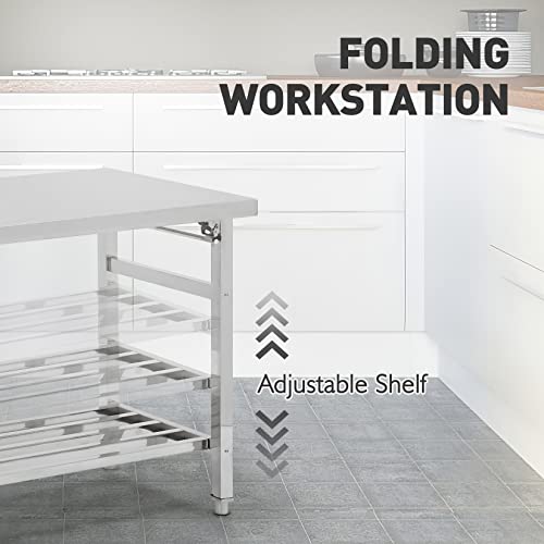 Fashionwu Stainless Steel Table, 24 x 47 Inches Folding Heavy Duty Table for Kitchen, Commercial Stainless Steel Prep Table with Adjustable Undershelf, for Restaurant, Home and Hotel