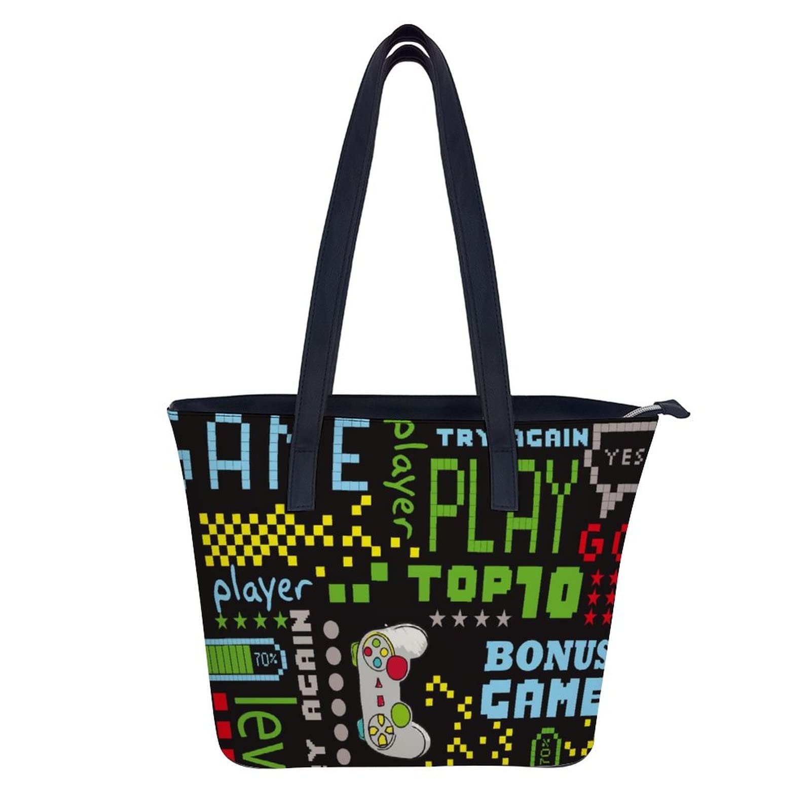 Pixel Words Game Style Women's Tote Bag PU Leather Shoulder Bag Handbags Purse For Work Shopping Travel