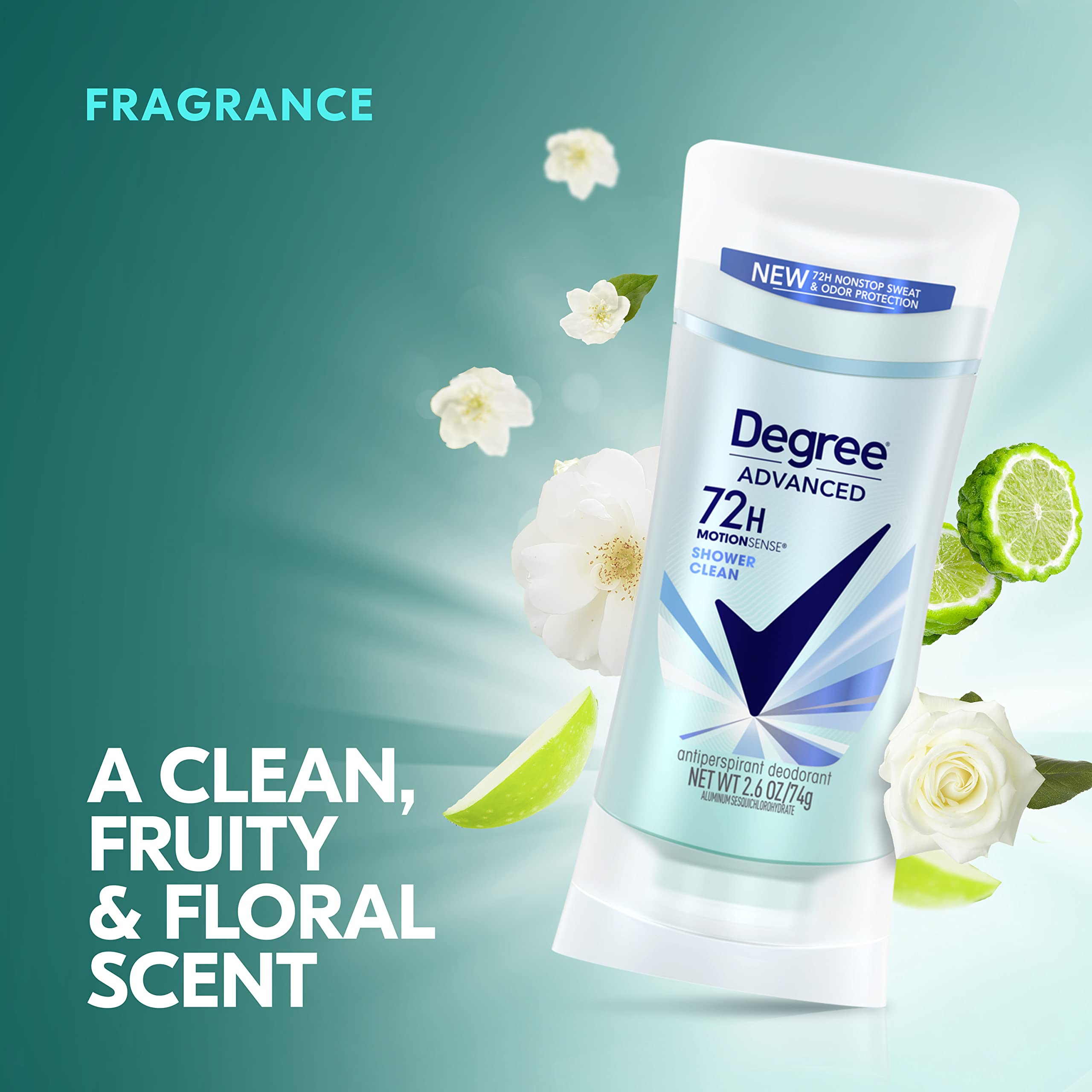 Degree Advanced Antiperspirant Deodorant 4 count 72-Hour Sweat & Odor Protection Shower Clean Antiperspirant for Women with MotionSense Technology 2.6 oz