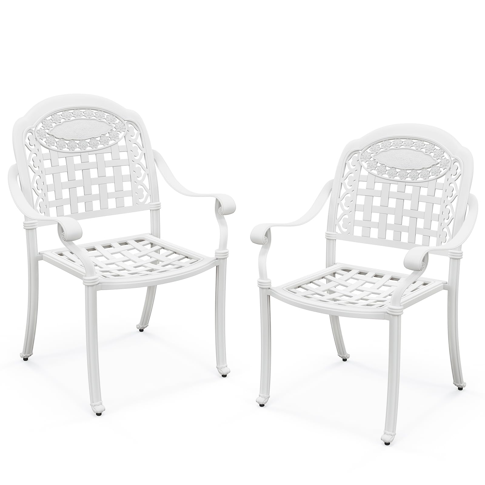 Giantex Stackable Outdoor Chairs Set of 2, All Weather Cast Aluminum Patio Chairs for Lawn Porch Garden Yard, Bistro Dining Chairs with Armrests, Adjustable Foot Pads, Easy Assembly (1, White)