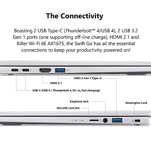 Acer Swift Go 14 Intel Evo Thin & Light Laptop | 14" 2.2K 2240 x 1400 100% sRGB Display | Intel Core i5-1335U | Intel Iris Xe | 16GB LPDDR5 | 512GB Gen 4 SSD | Killer WiFi 6E AX1675 | SFG14-71-54AP