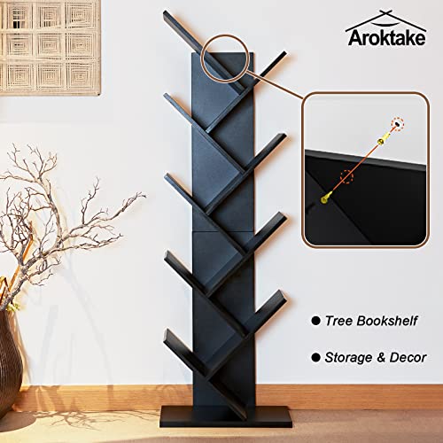 Aroktake Bookshelf, 9-Tier Black Tree Bookshelf, Anti-Tippling Wooden Bookshelves Storage Rack for Home Office, Living Room, Bedroom, Black