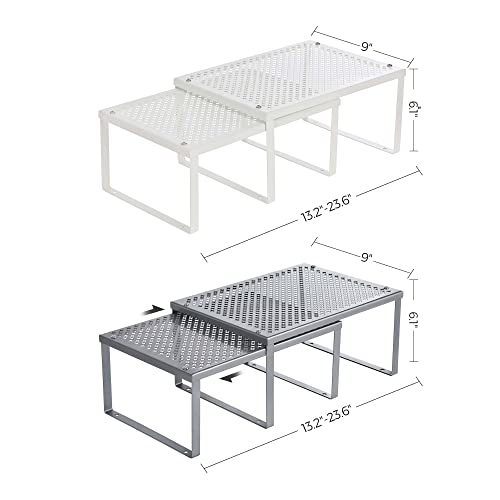 SONGMICS Cabinet Shelf Organizer and Kitchen Shelf Bundle, 4 Stackable Kitchen Cabinet Shelves, Expandable, White and Silver UKCS01WT and UKCS01SV