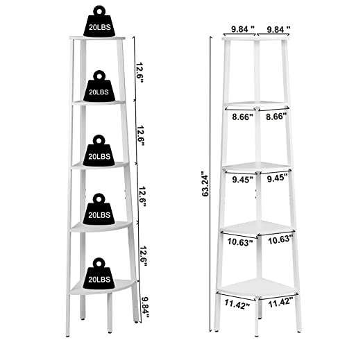 Corner Ladder Wood Shelf, 5-Tier Display Shelves, 62" Tall Rustic Corner Bookshelf, Industrial Corner Bookcase, Storage Rack, Plant Stand for Living Room, Small Space, Home Office, White