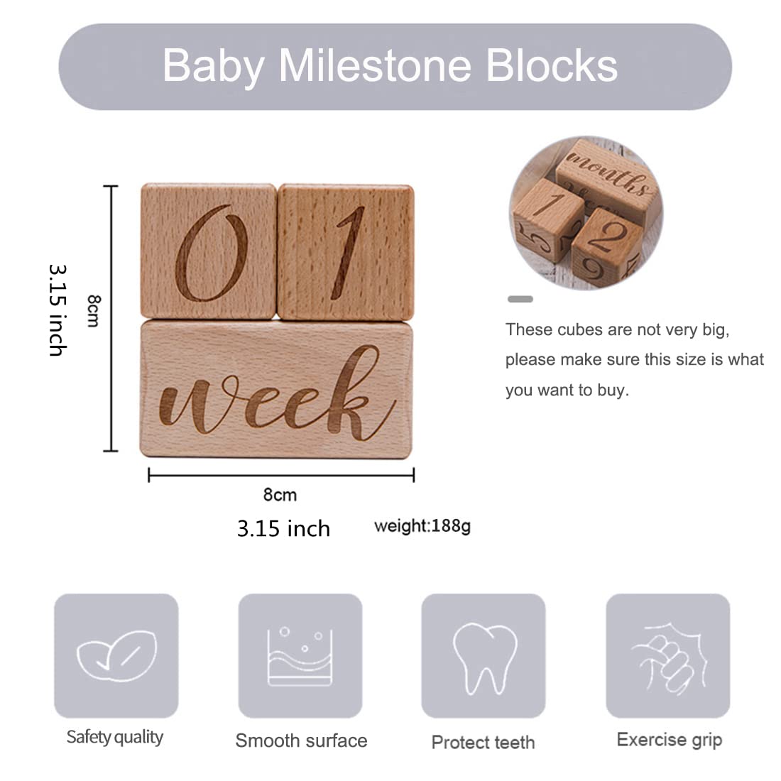 Baby Month Blocks Wooden Baby Milestone Age Blocks with Weeks Months Years, Baby Photoshoot Props, (Small Size,4cm)