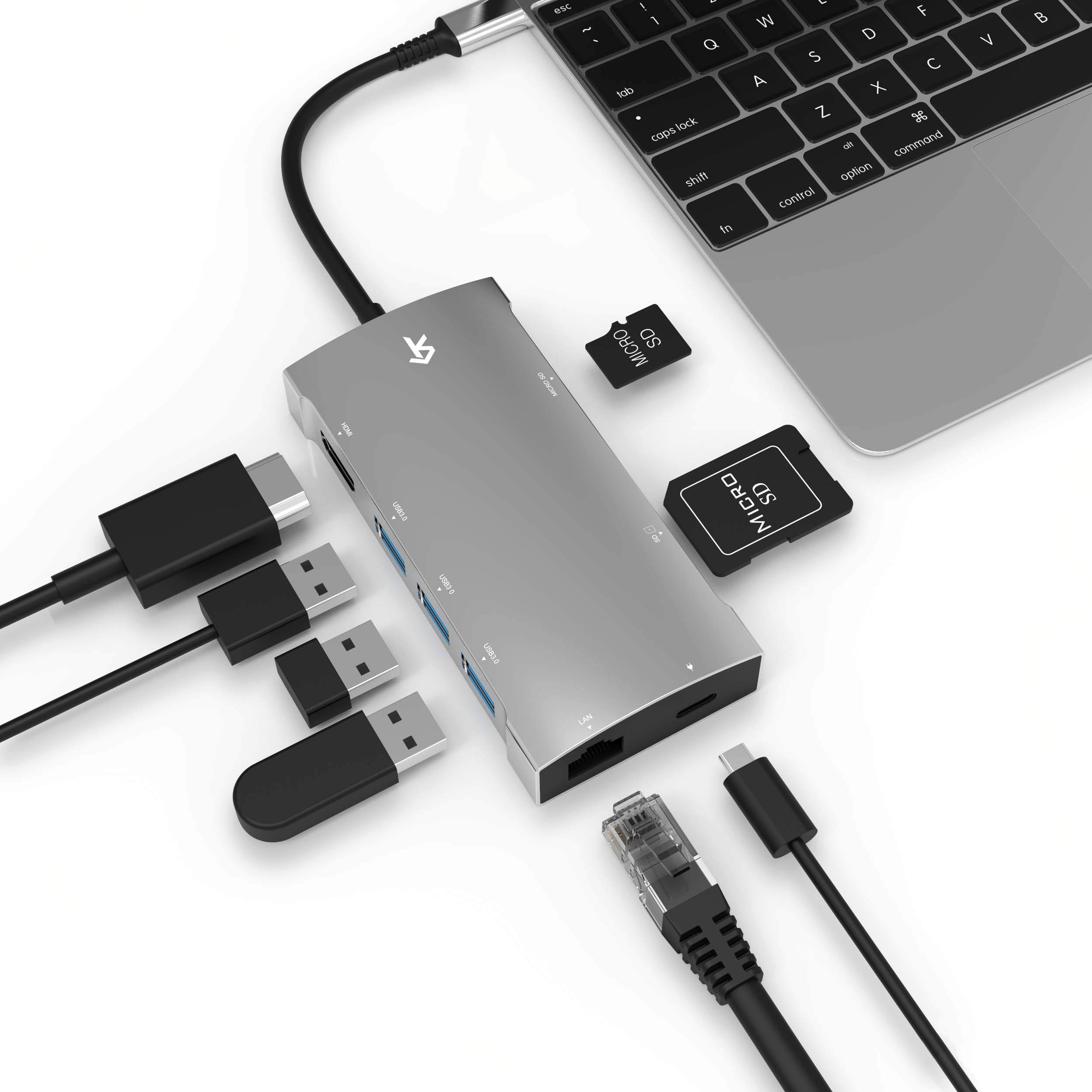 KS USB C Hub, USB C Adapter with PD Charging Port, 3 USB 3.0 Ports, 4K HDMI Output, SD/TF Card Reader, 1000M Ethernet Port Multiport Hub for MacBook Pro Windows Laptop & More Type C Devices (8 in 1)