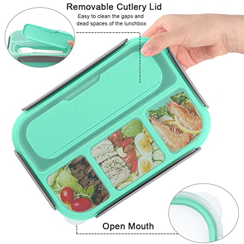 BentoMoment Bento Lunch Box, 4 Compartments Lunch Box Containers for Adults, 5 Cups Bento Box with Utensils& Fruit Fork, Cute Snack Lunch Box, Leakproof Microwave Safe Bento Boxes, Green