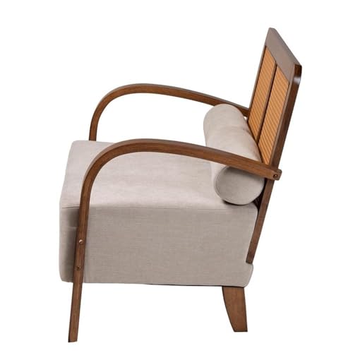 Baxton Studio Sage Modern Japandi Light Grey Fabric and Walnut Brown Finished Wood Loveseat with Woven Rattan
