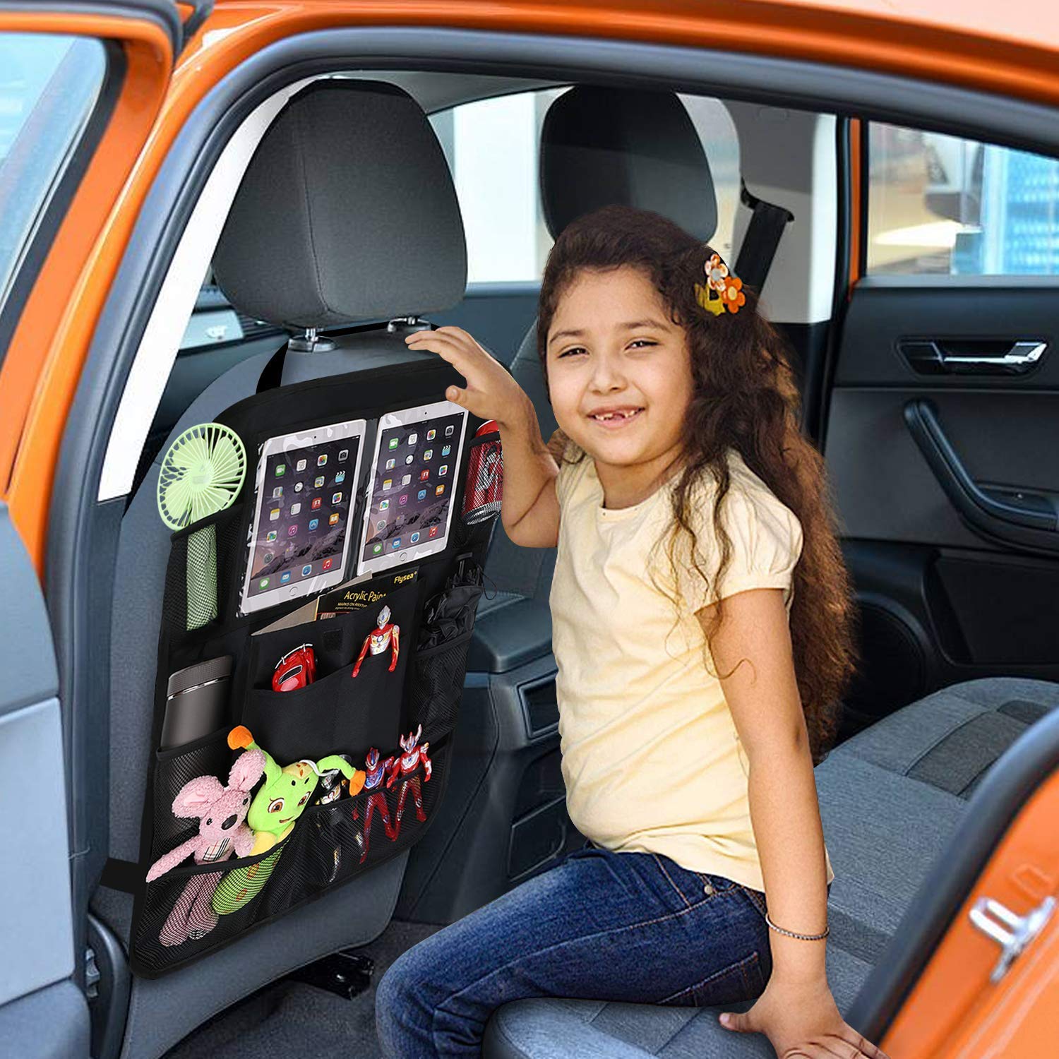 A-code Set 1 Pack Backseat Car Organizer, Kick Mats Car Back Seat Protector with 11" Clear Tablet Holder and 9 Storage Pockets for Kids Toys Book Drinks (1)