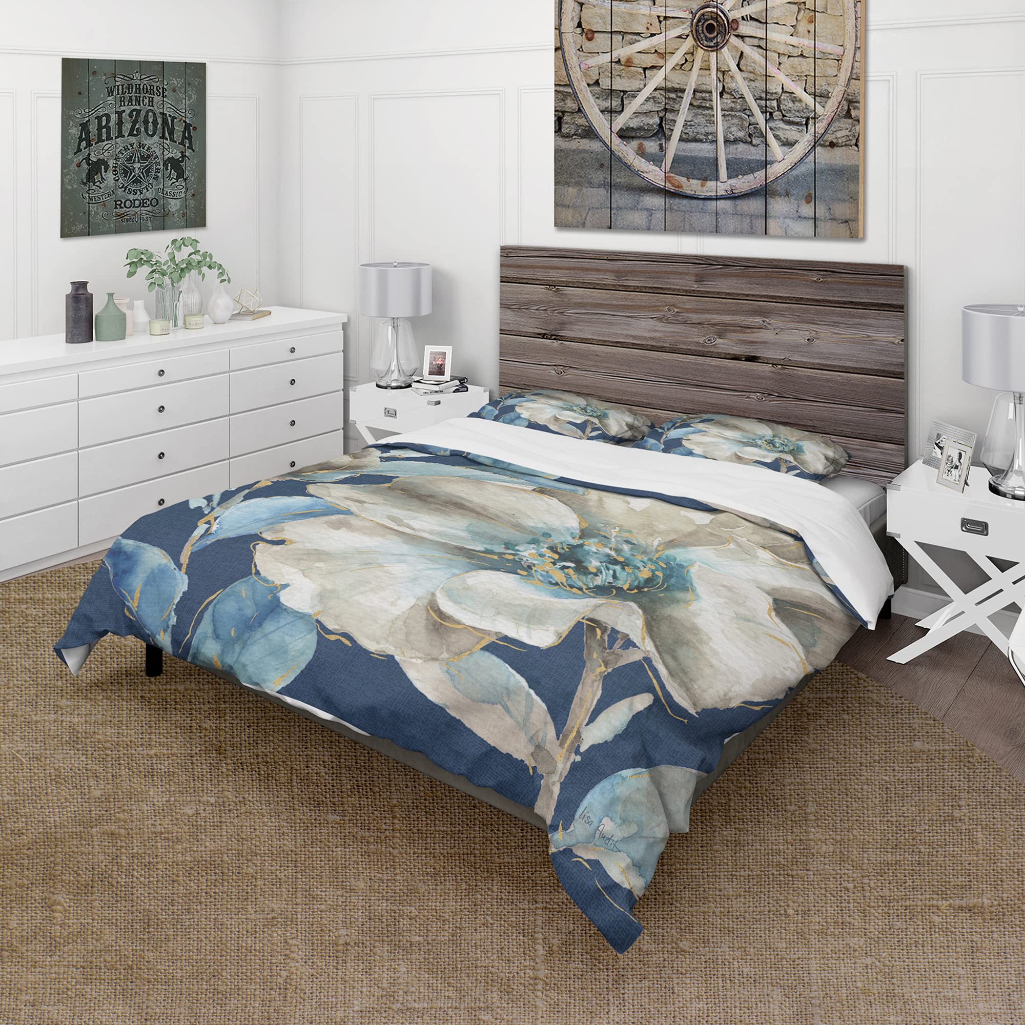 DesignQ Indigold Watercolor Flower I Traditional Duvet Cover Set, Blue Duvet Cover Set King, Floral Bedding Set of 3 Pieces, All Season Traditional Bedding Sets King