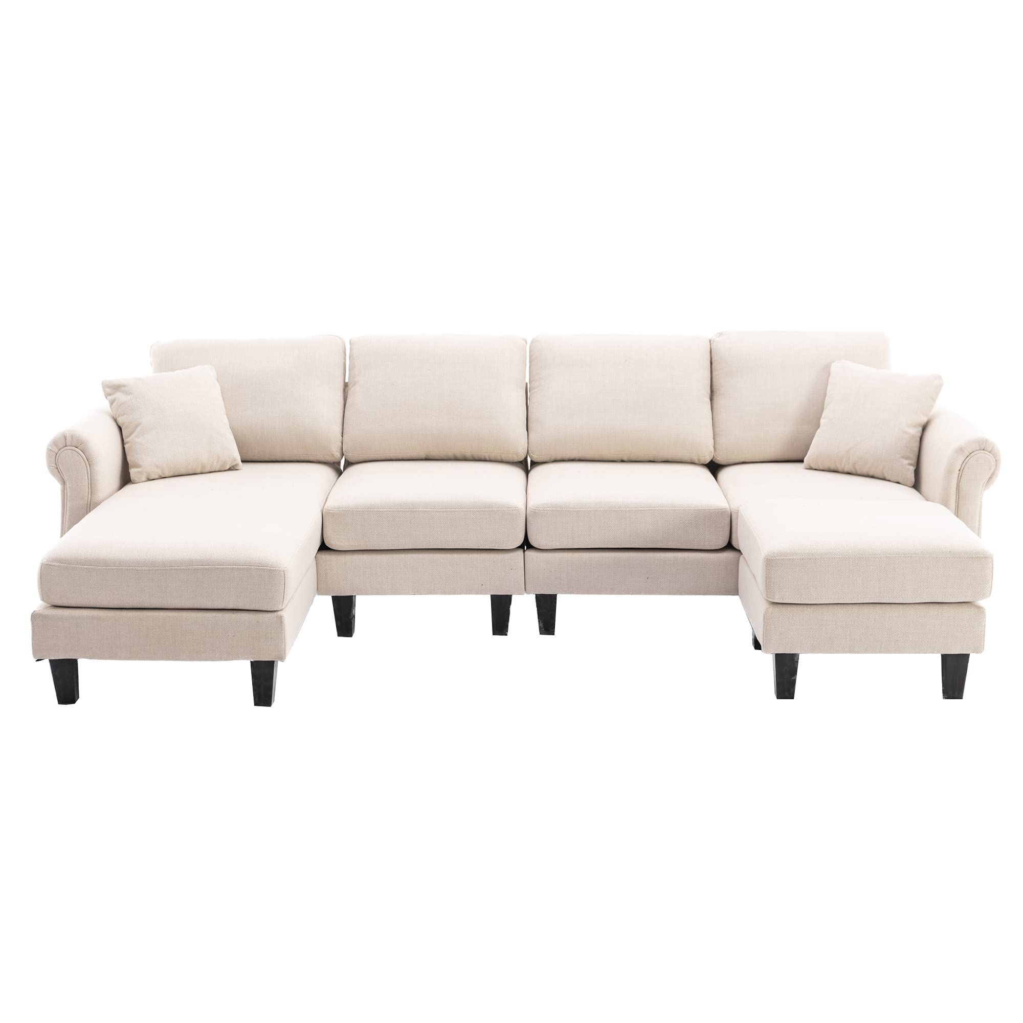 Ball & Cast 108.66" Modular Sectional Sofa with Removable Ottoman,U-Shaped 3 Seater Sofa with Reversible Chaise and Rolled Arms for Living Room, Apartment, Linen Fabric,Beige