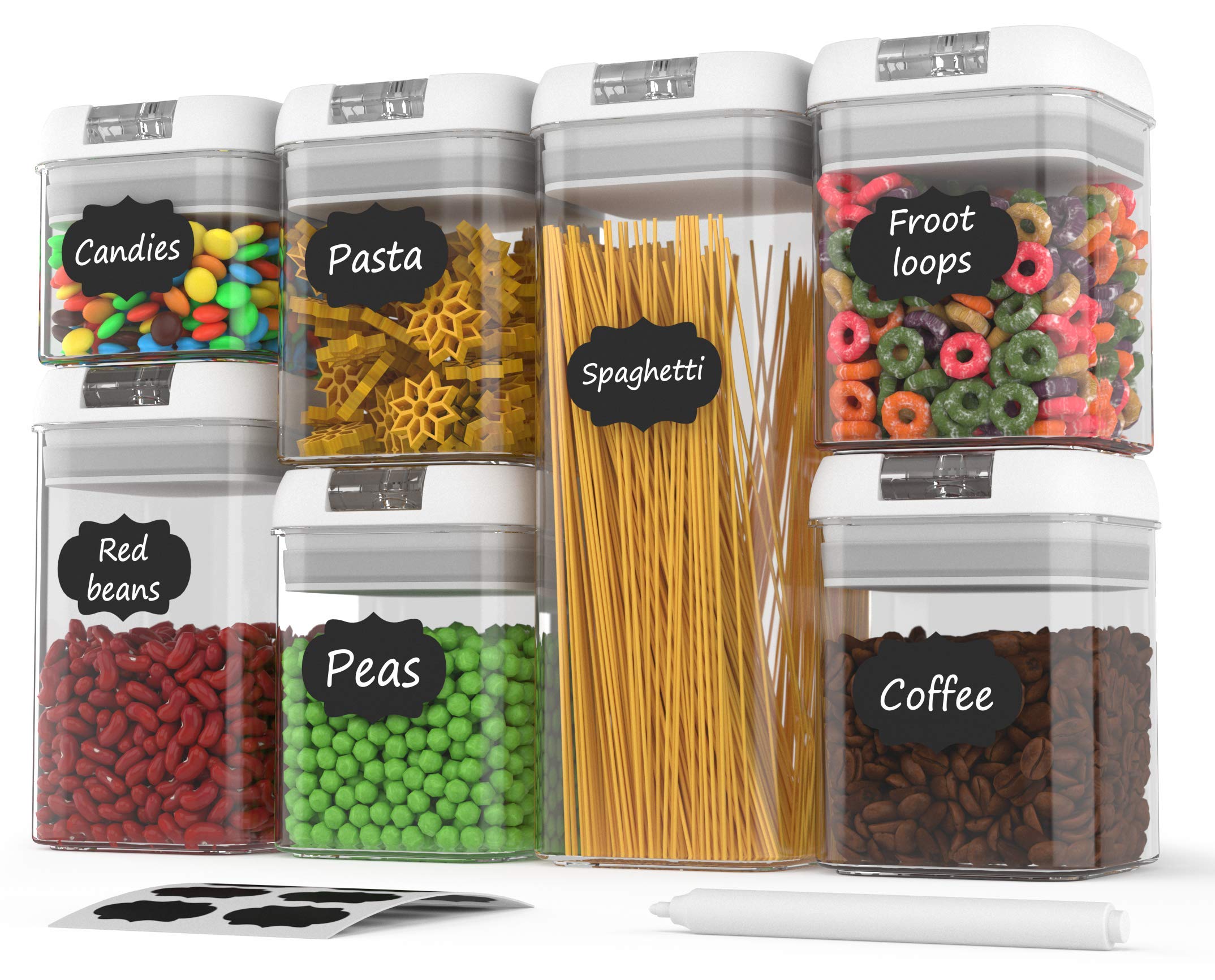 Airtight Food Storage Containers - Airtight Container Set with Lids - Food Storage Container Set - Plastic BPA Free - 7 Piece Set - BONUS 24 Labels with Marker - Heavy Duty Dry Food Storage Container