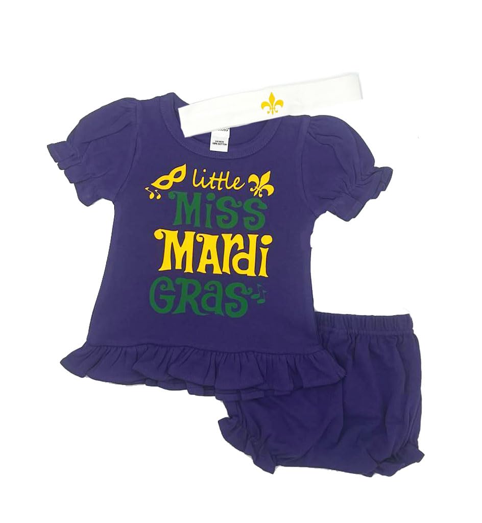 PandoraTees Mardi Gras Baby Girl Outfit - Little Miss Mardi Gras (6-12m, White/Purple)