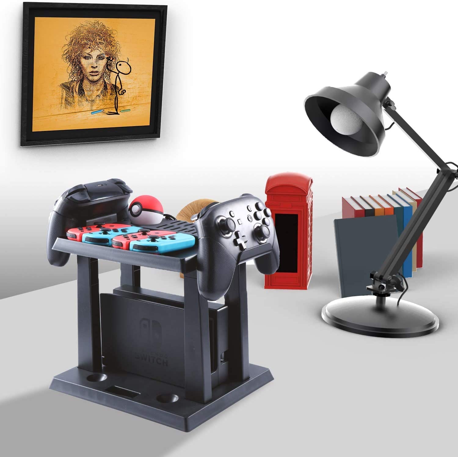 ANNMETER Switch Game Station Organizer with Controller Charger, Charging Dock for Switch, Joycons, Pokeballs, Pro Controller, Accessories Kit Storage