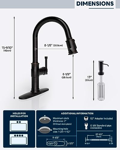 Antique Oil Rubbed Bronze Kitchen Sink Faucet with Soap Dispenser, DAYONE Pull Down Farmhouse Faucet for Sink with 3 Mode Sprayer, Single Handle High Arc, DAY-APS136-ORB