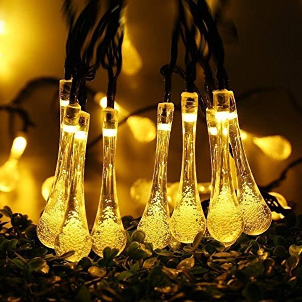 Berocia Solar String Lights Outdoor Waterproof, 20ft 30 LED 8 Modes Outdoor Water Drop Solar Powered String Lights for Patio, Solar Garden Lights for Yard Porch Wedding Party Decoration