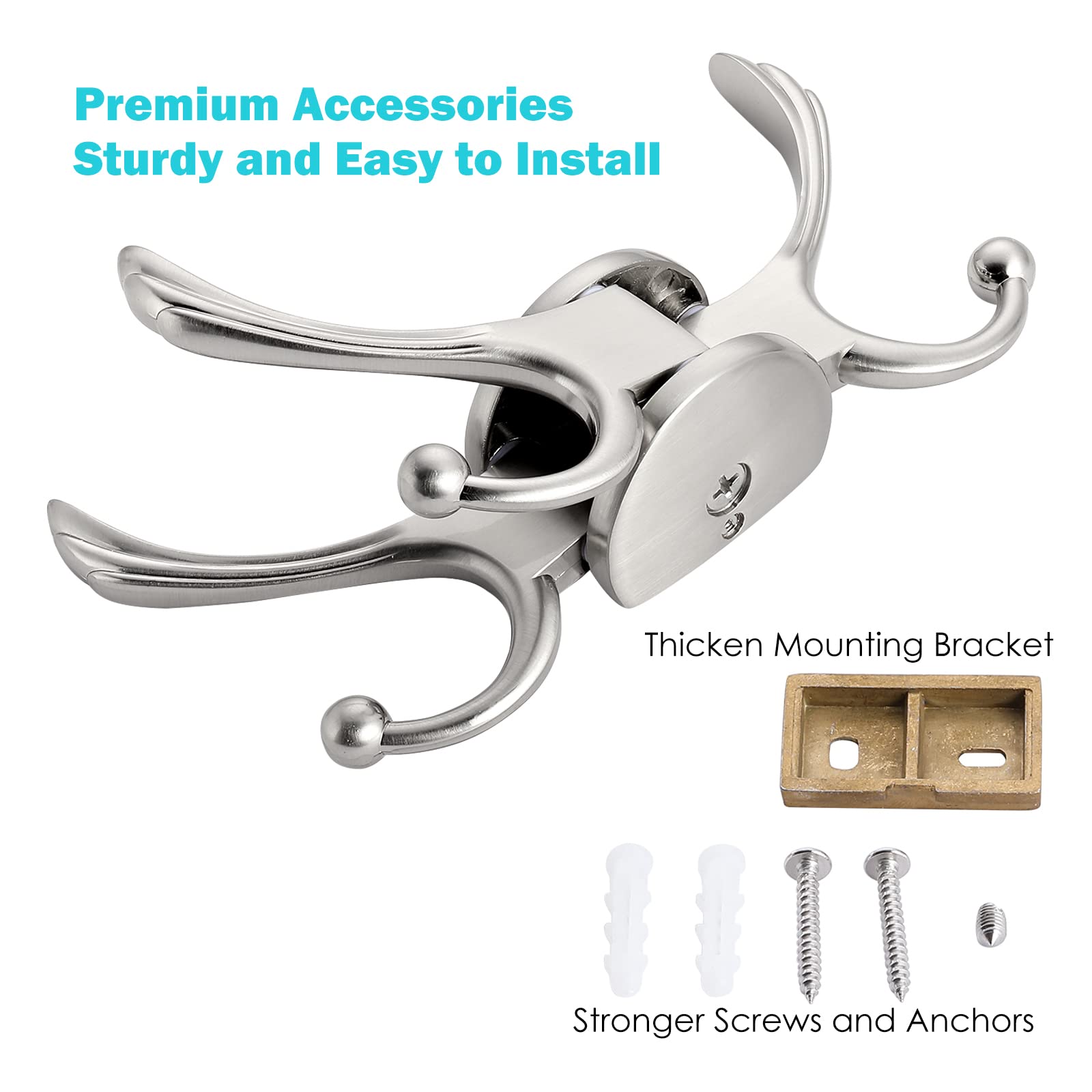 Ovlist Swivel Coat Hook 2 Pack Heavy Duty Space Saving Towel Rope Hook Wall Mount Triple Swing Arms for RV Bathroom Kitchen Garage,Brushed Nickel