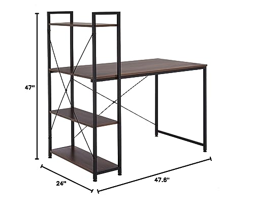Coral Flower Tower Computer Desk with 4 Tier Shelves - 47.6'' Multi Level Writing Study Table with Bookshelves Modern Steel Frame Wood Desk Compact Home Office Workstation (Natural brown)