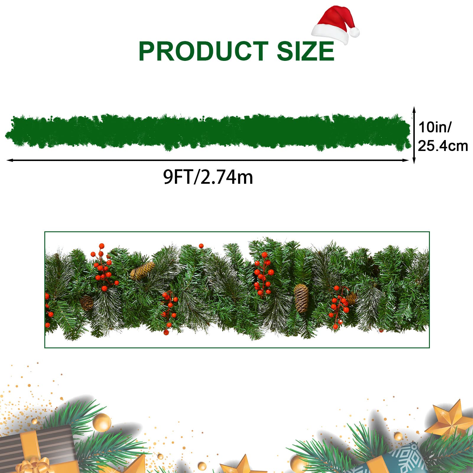 9FT Christmas Garland Decoration with 50 Warm Led Lights,Pre-Lit Lighted Christmas Garland Decorated with Pine Cones for Xmas Stairs Fireplaces