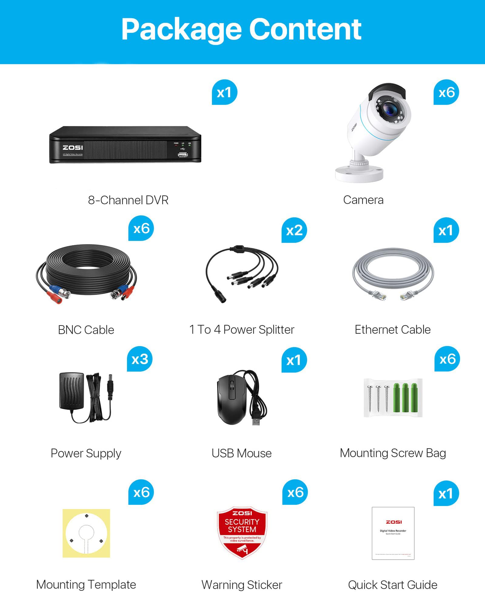 ZOSI 1080p Home Security Camera System Outdoor Indoor, H.265+ 5MP Lite CCTV DVR Recorder 8 Channel with 6 x 1080p Weatherproof Surveillance Bullet Camera, 80ft Night Vision, Remote Access, No HDD