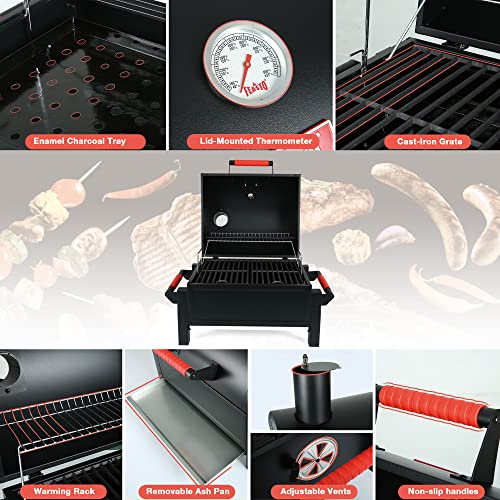 FEASTO Portable Charcoal Grill with Two Silicone Holding Handles, Tabletop grilling with 354 Square Inches Cooking Area, Convenient for outdoor Camping and Picnic, Black,L26.8’’x W20’’x H21.3’’