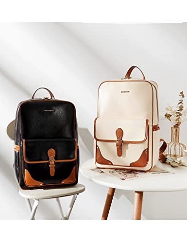 BOSTANTEN Leather Laptop Backpack for Women 15.6 inch Computer Bag Stylish College Daypack Travel Bag Off-white with Brown