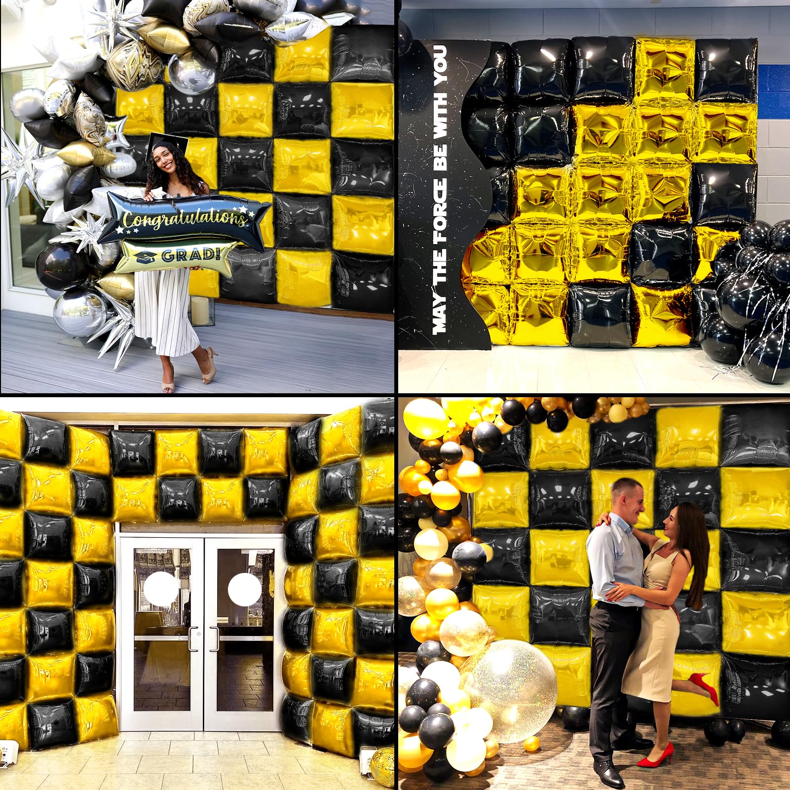 AIERSA Black And Gold Balloon Backdrop Wall,25Pcs Square Foil Balloons for Graduation,Birthday,Anniversary,Retirement Party Decoration Supplies