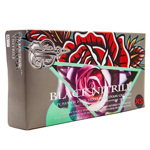 Blackwork Black Nitrile Exam Gloves - Extra Small, Pack of 100 - Latex- & Powder- Free, Disposable, Comfrtable & Durable for Extended Wear - Tattoo, PMU, Medical, & Dental Gloves